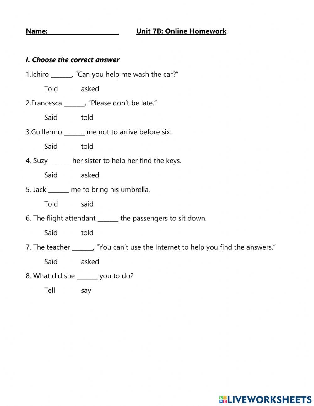 WL3 4th.Ed Unit 7B Online HW 1 worksheet | Live Worksheets