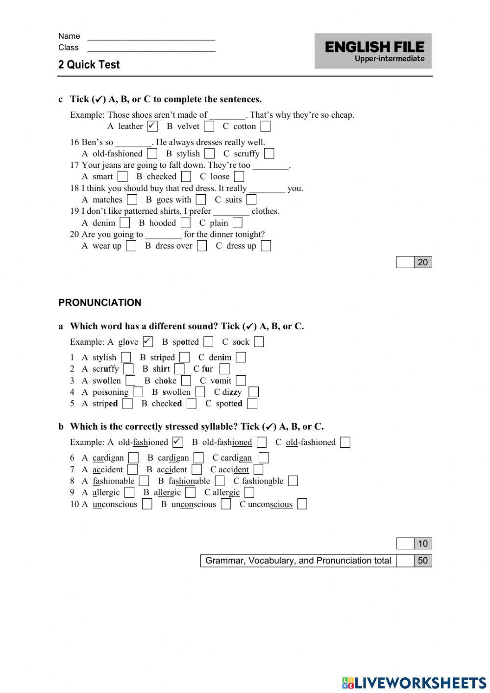 quick test 2 | rozhroma | Live Worksheets