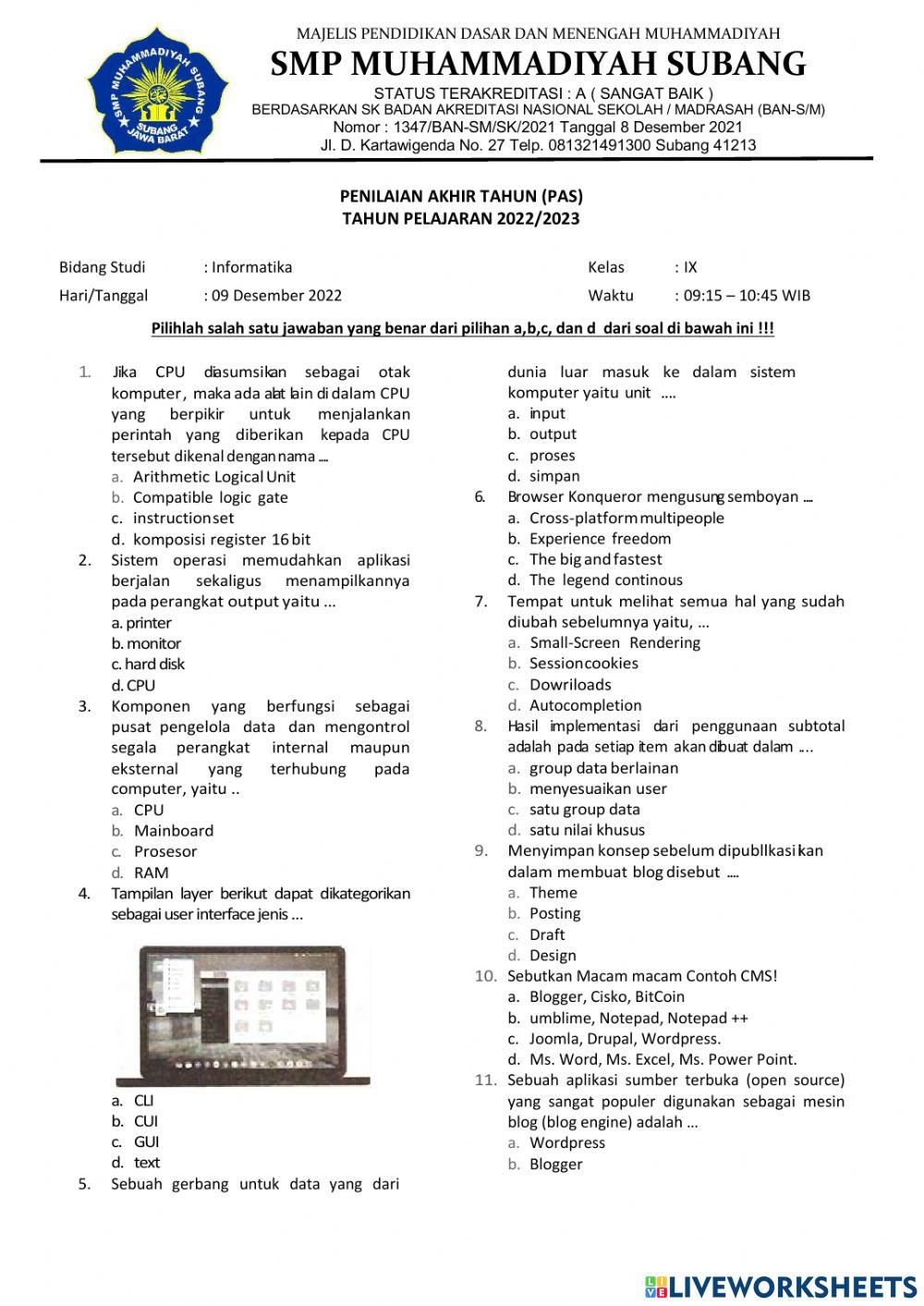 Informatika Kls.9 worksheet | Live Worksheets