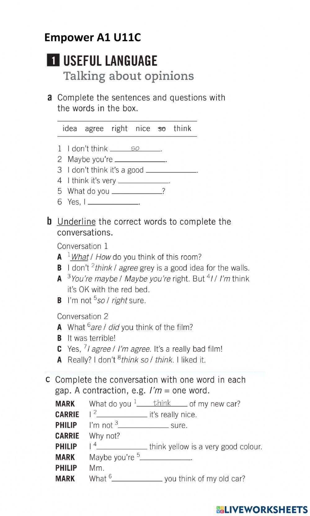 Empower A1 U11C | Free Interactive Worksheets | 2227599