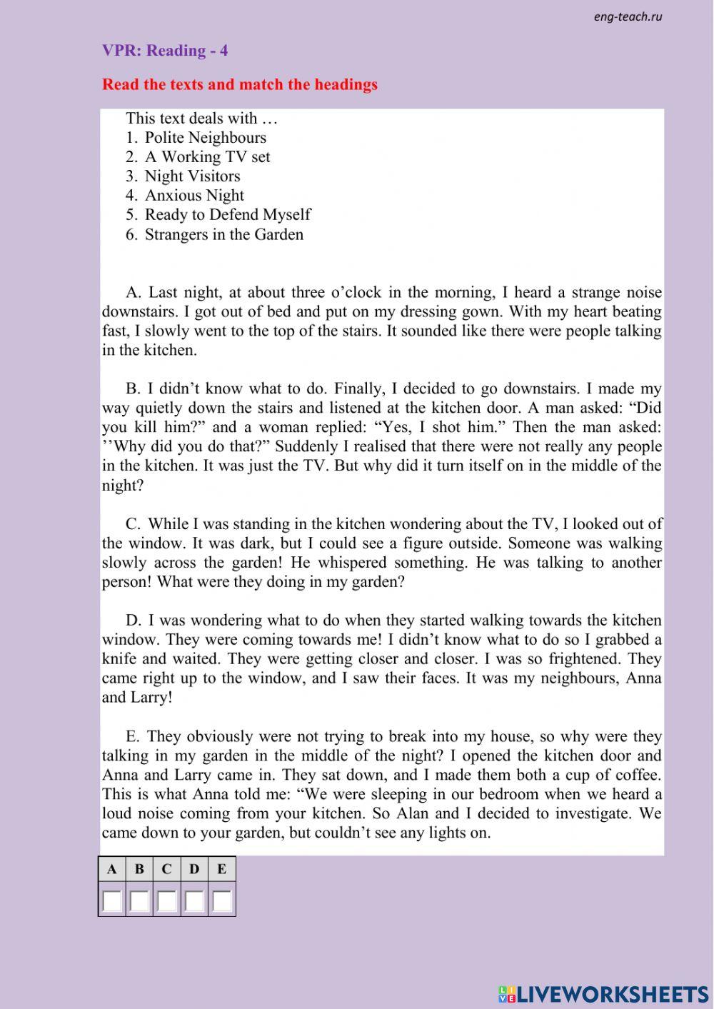VPR: Reading - 4 exercise | Live Worksheets