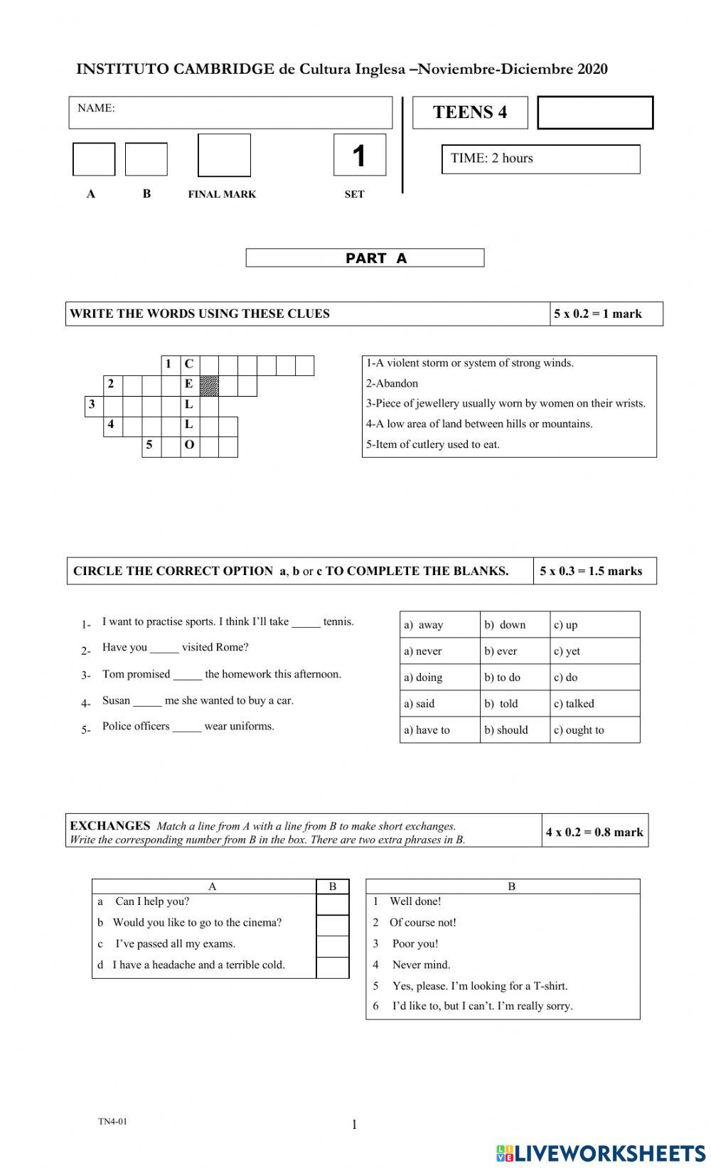 Teens 4 2020 mod 1 worksheet | Live Worksheets