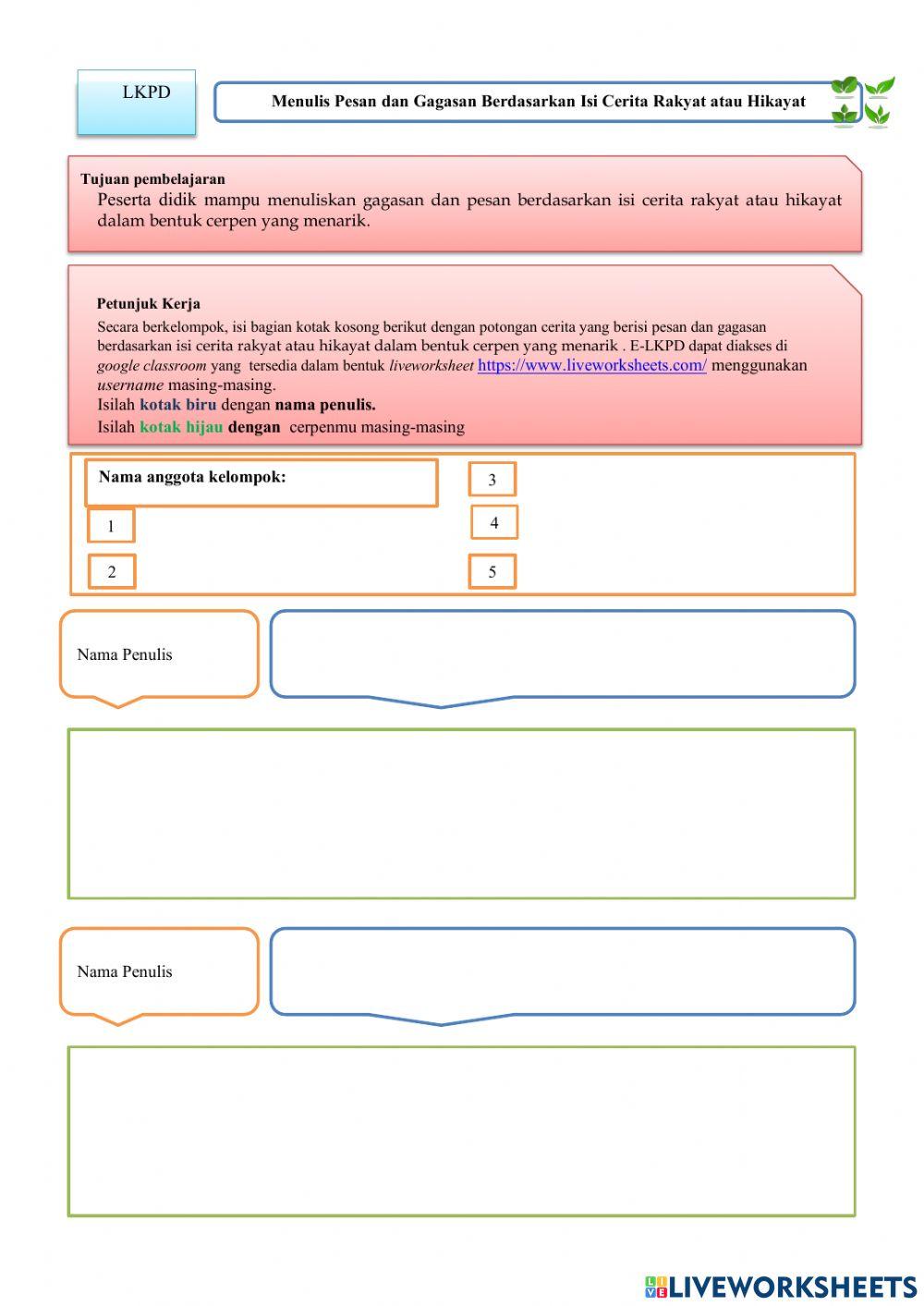 Menulis Cerpen Berdasarkan Isi Teks Hikayat worksheet | Live Worksheets