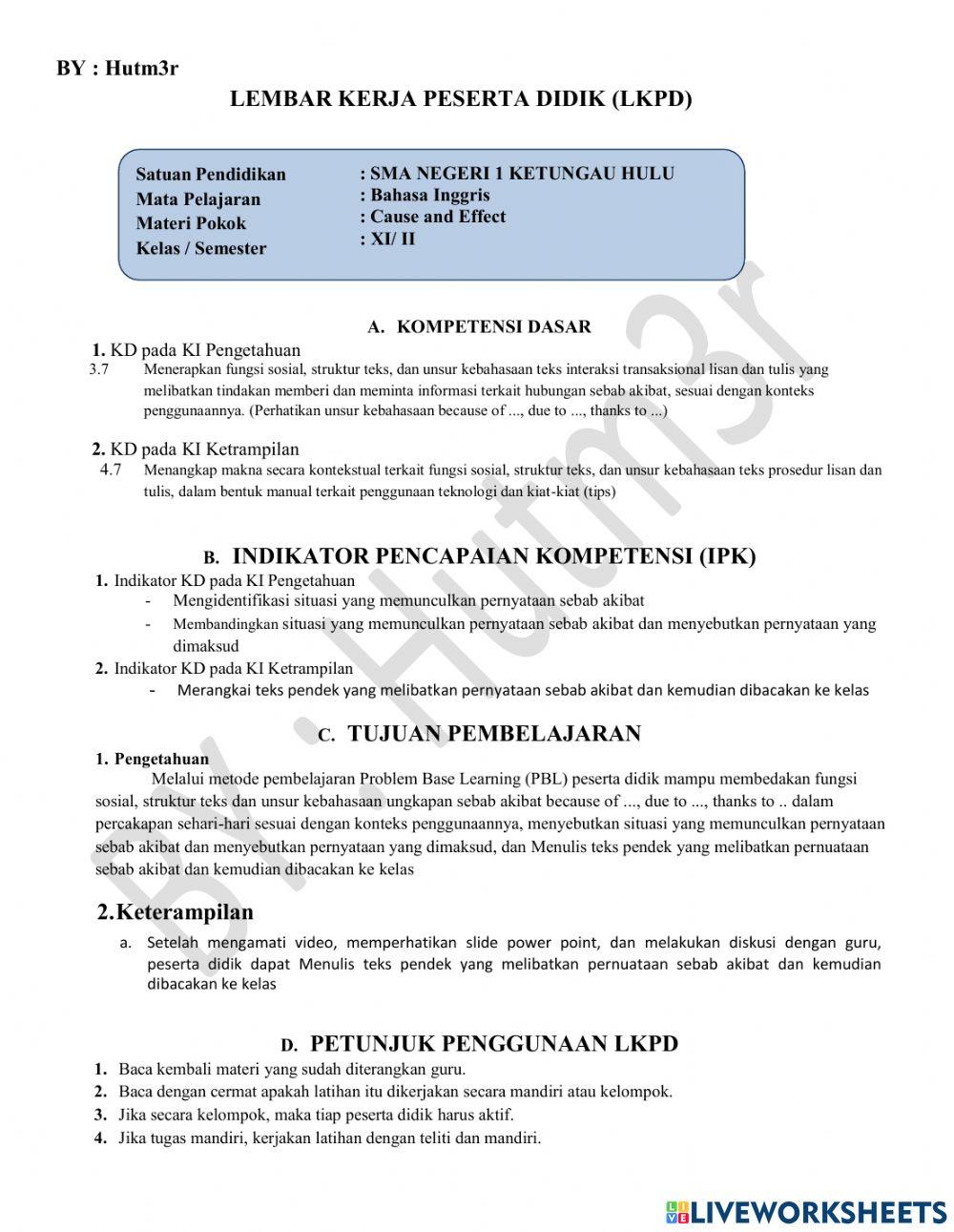 LKPD cause and effect 2 online exercise for | Live Worksheets