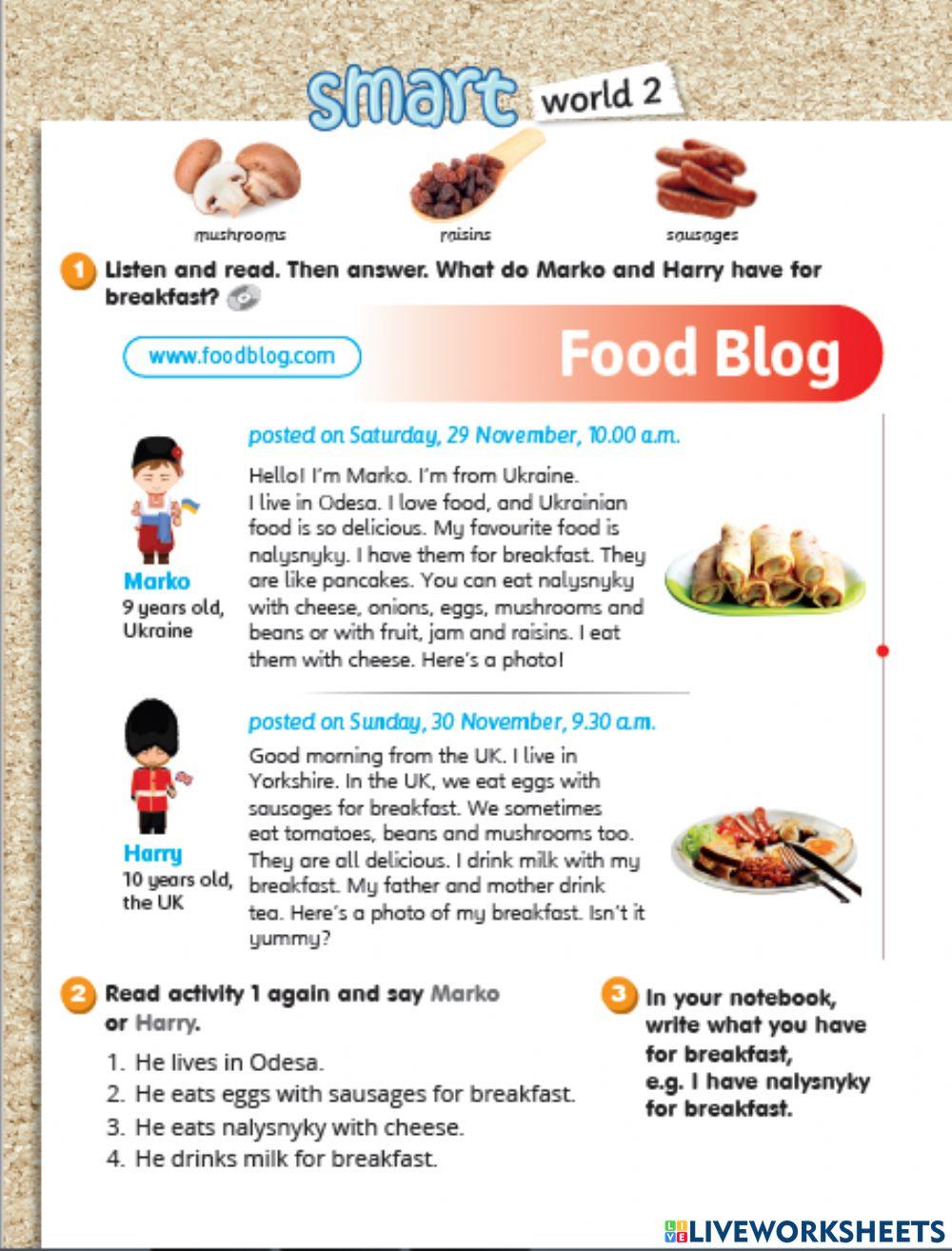 Smart junior 4. Food blog worksheet | Live Worksheets