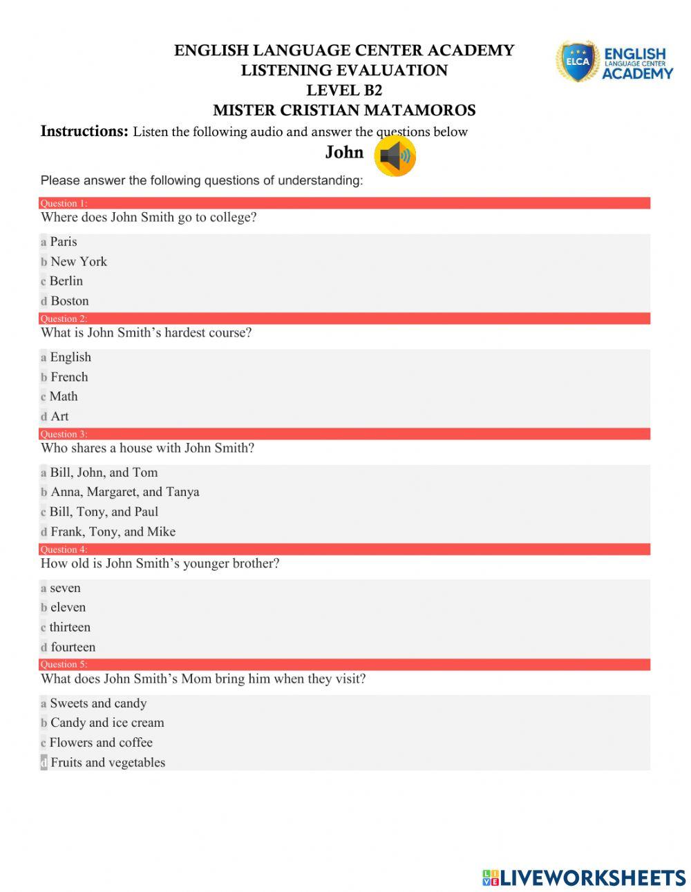 Listening evaluation exercise | Live Worksheets
