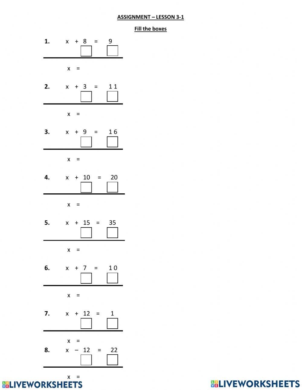 Solvingequation worksheet | Live Worksheets