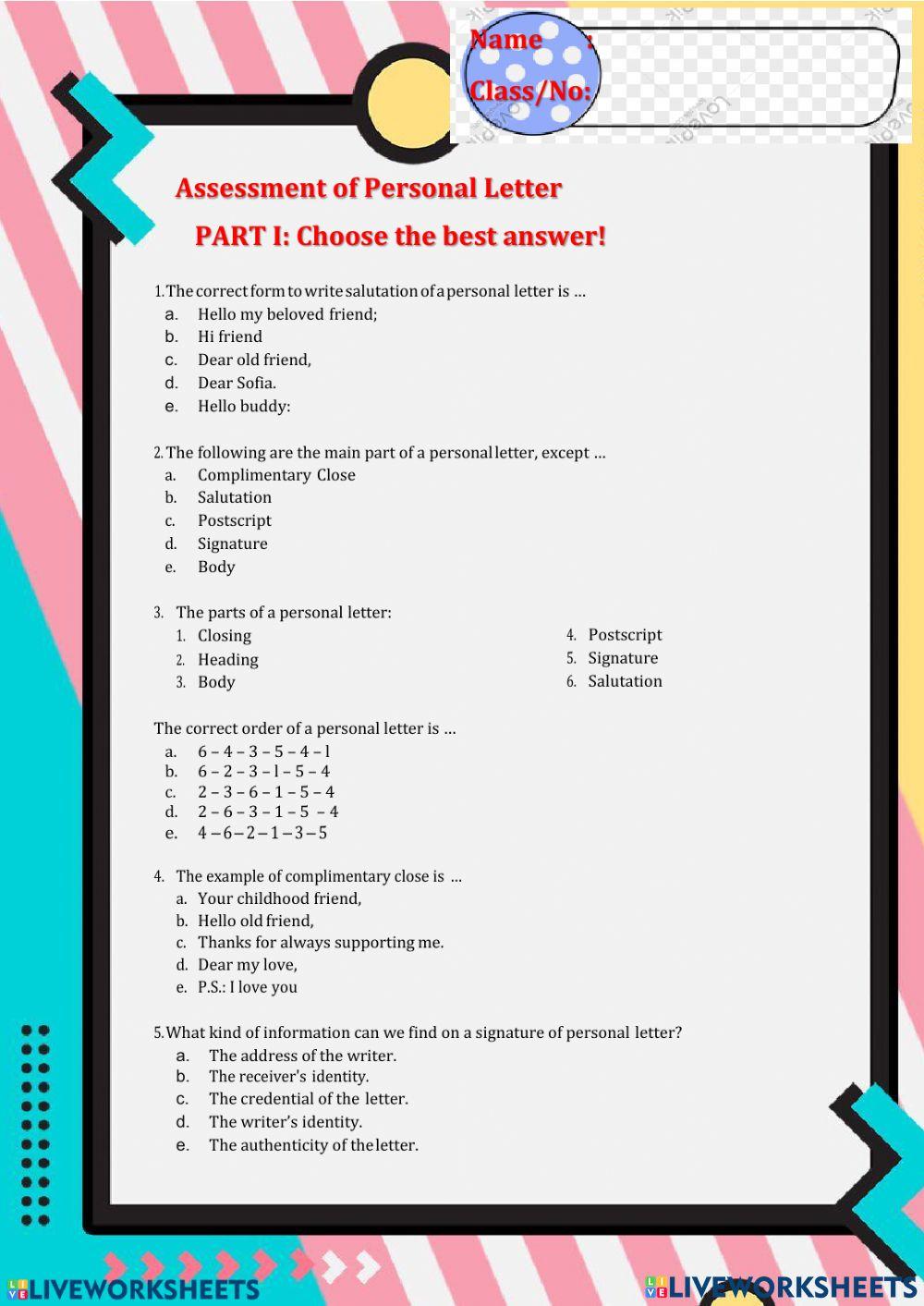 Personal letter English language worksheet | Live Worksheets