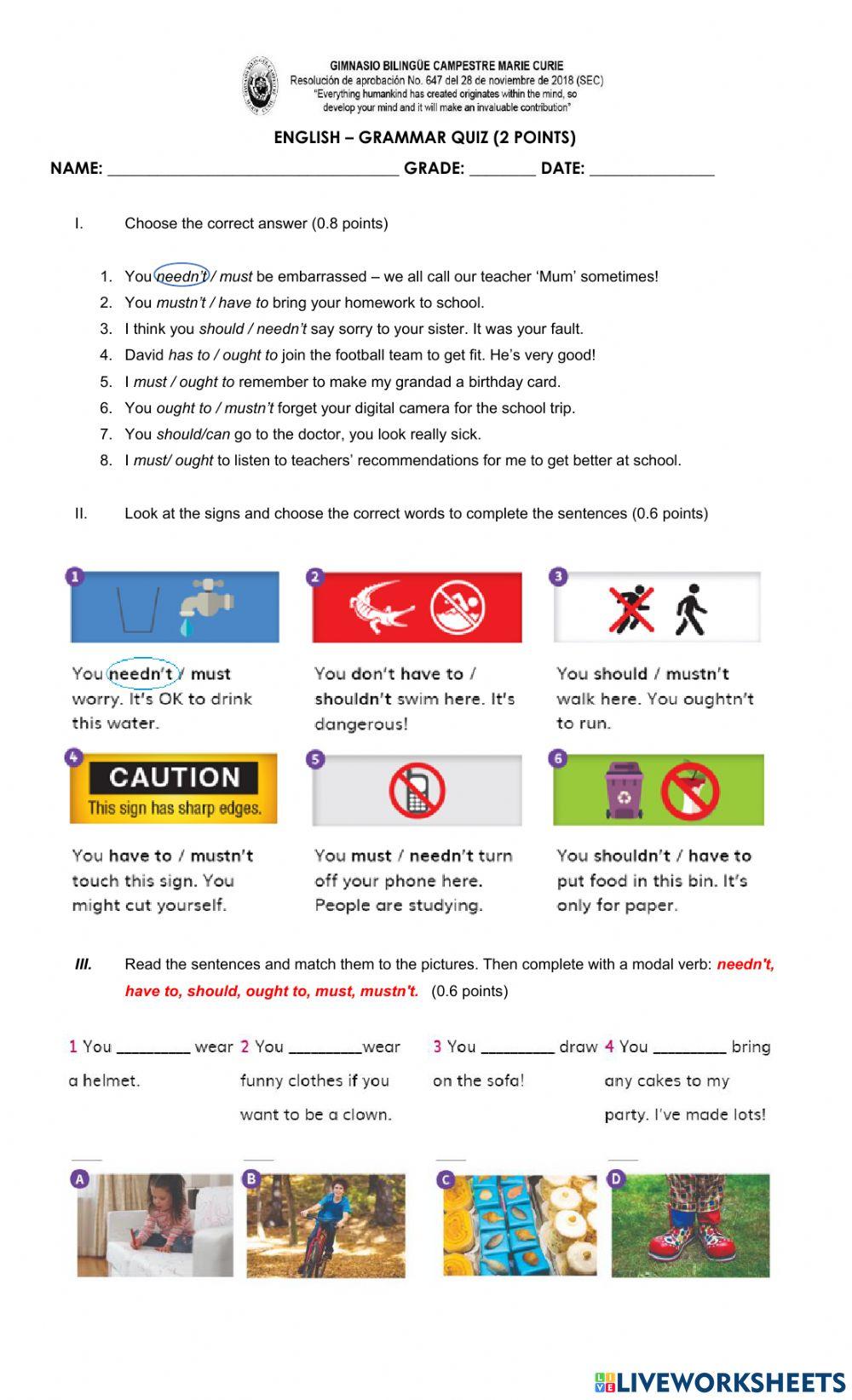 QUIZ : MODAL VERBS-5TH GRADE online exercise for | Live Worksheets