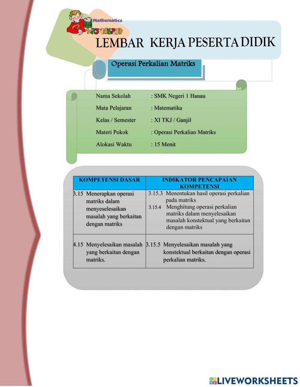 LKPD-Operasi Perkalian Matriks 2229275 | sofiati | Live