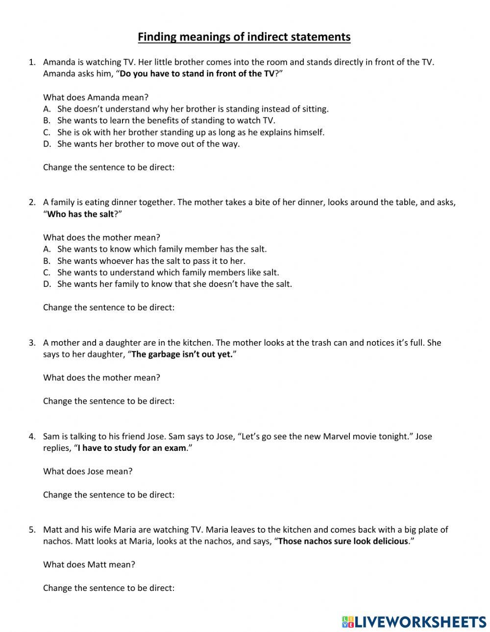 Finding meaning of indirect statements online exercise for TOEFL | Live ...