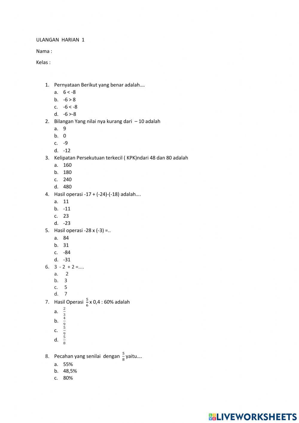 Matematika online exercise for smp | Live Worksheets