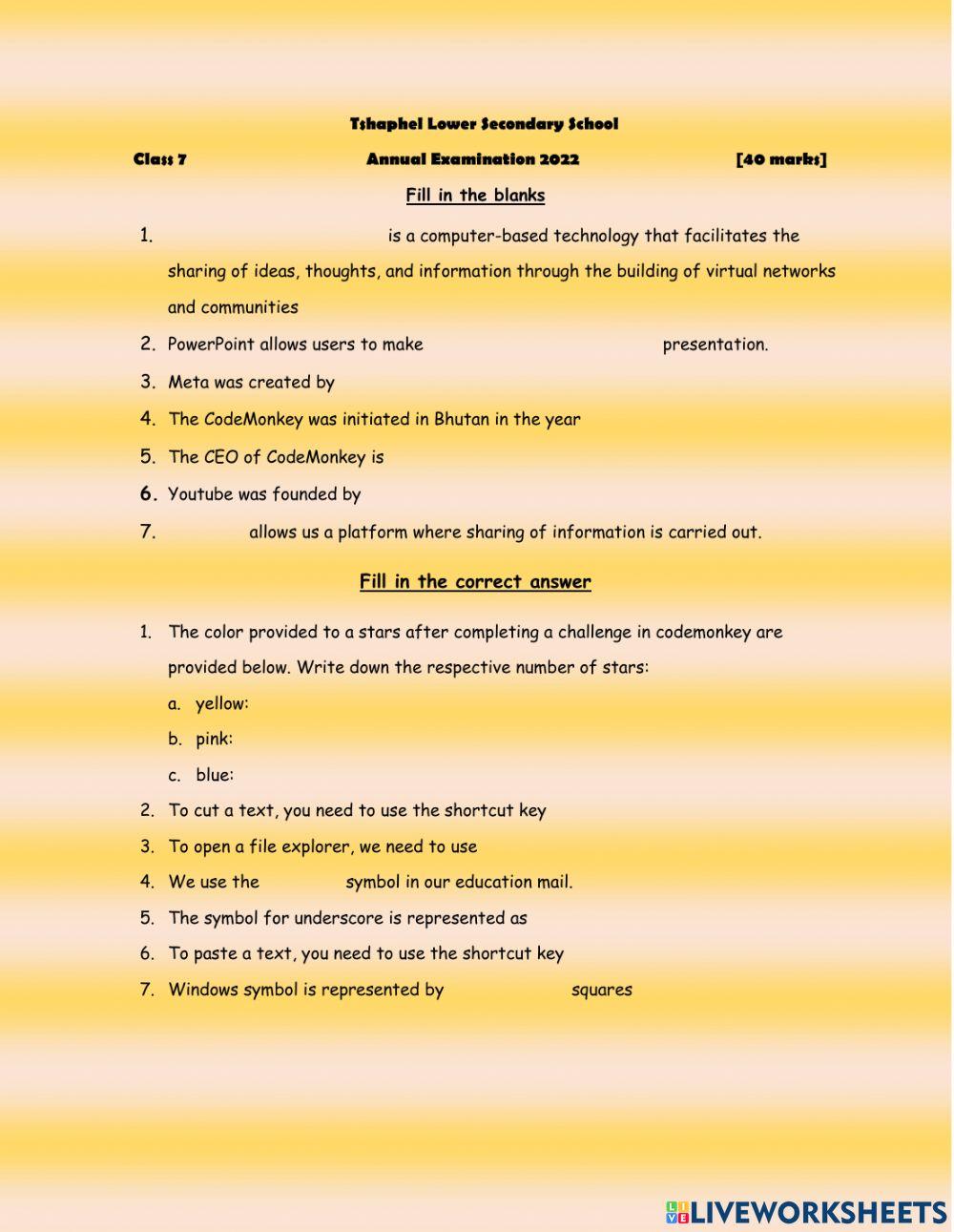 2491092 | Class 7 A | norbusonamlhaden | LiveWorksheets