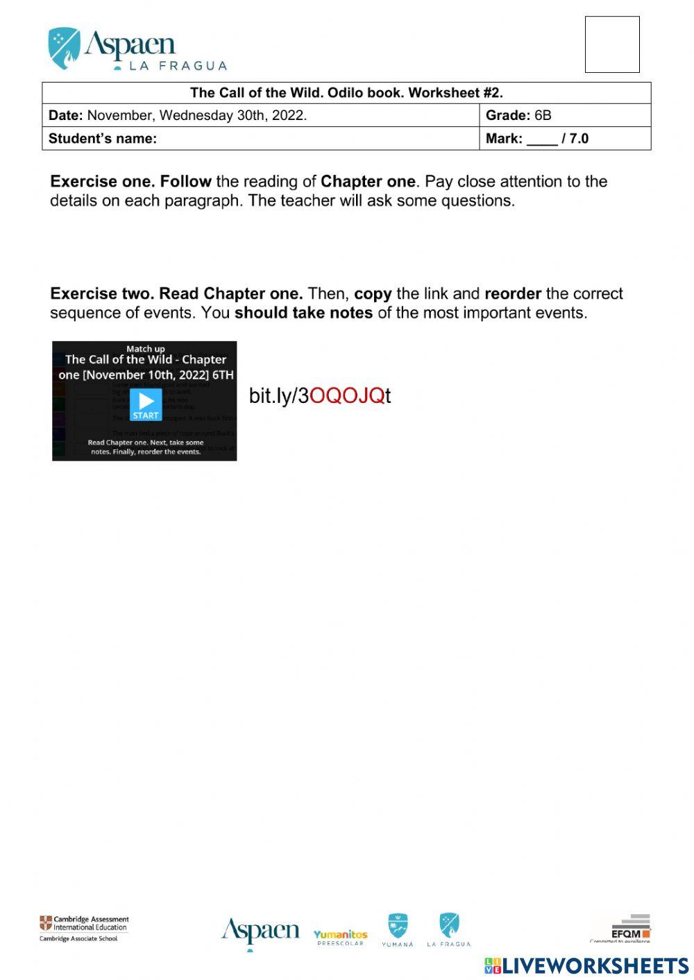 THE CALL OF THE WILD. CHAPTER ONE WORKSHEET 2. online exercise for ...