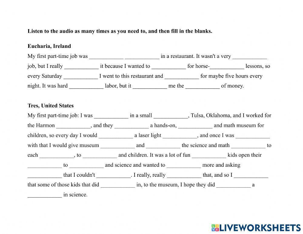Jobs-Work-6 ppl First Job Dictation Exercise worksheet | Live Worksheets