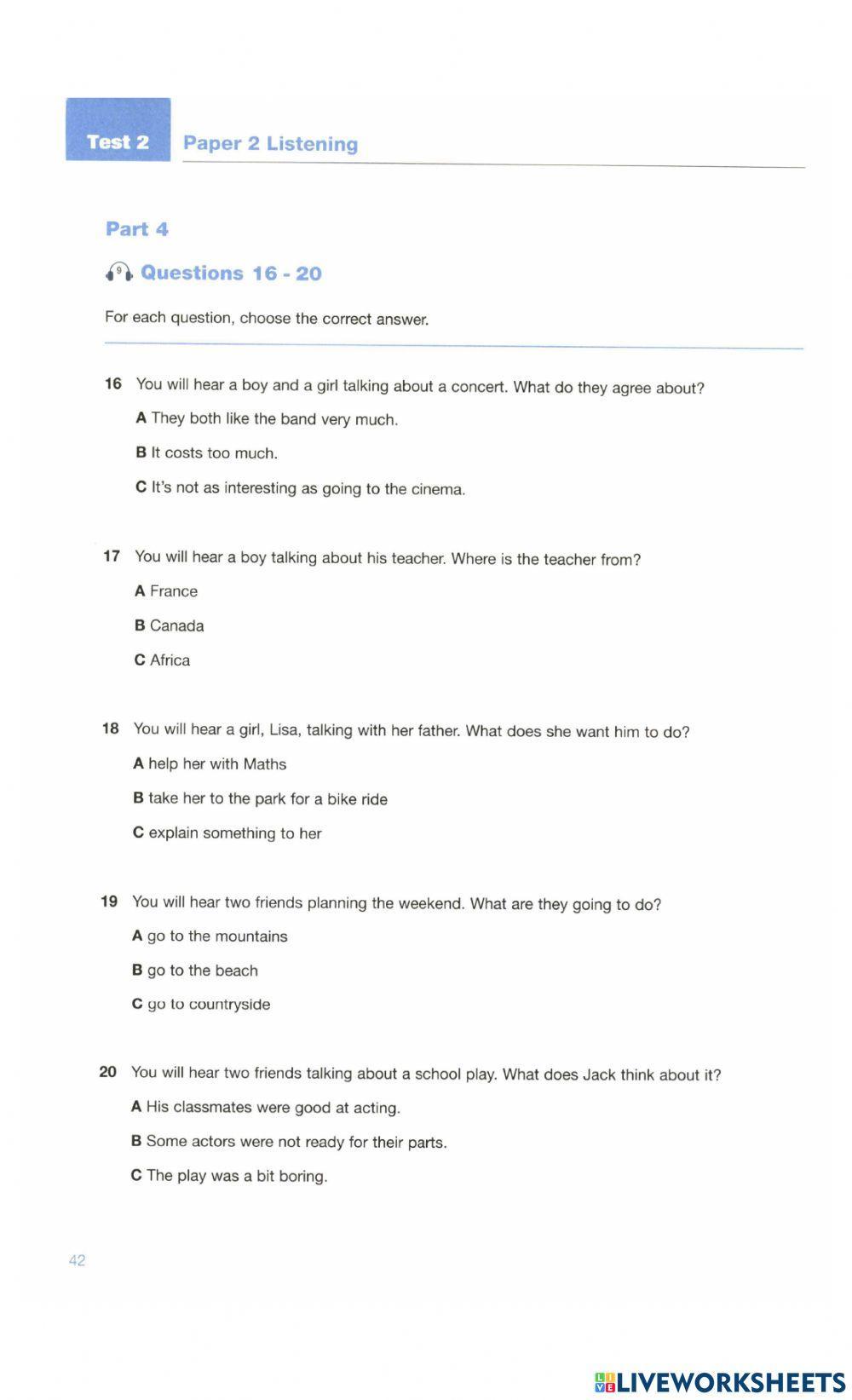 Test 2 Listenin… | Free Interactive Worksheets | 2200436