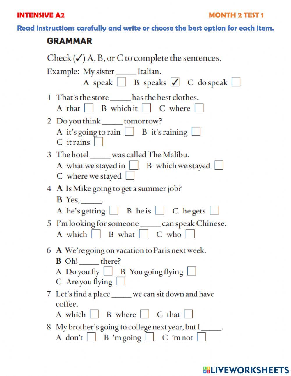 INTENSIVE A2 MONTH 2 TEST 1 online exercise for | Live Worksheets