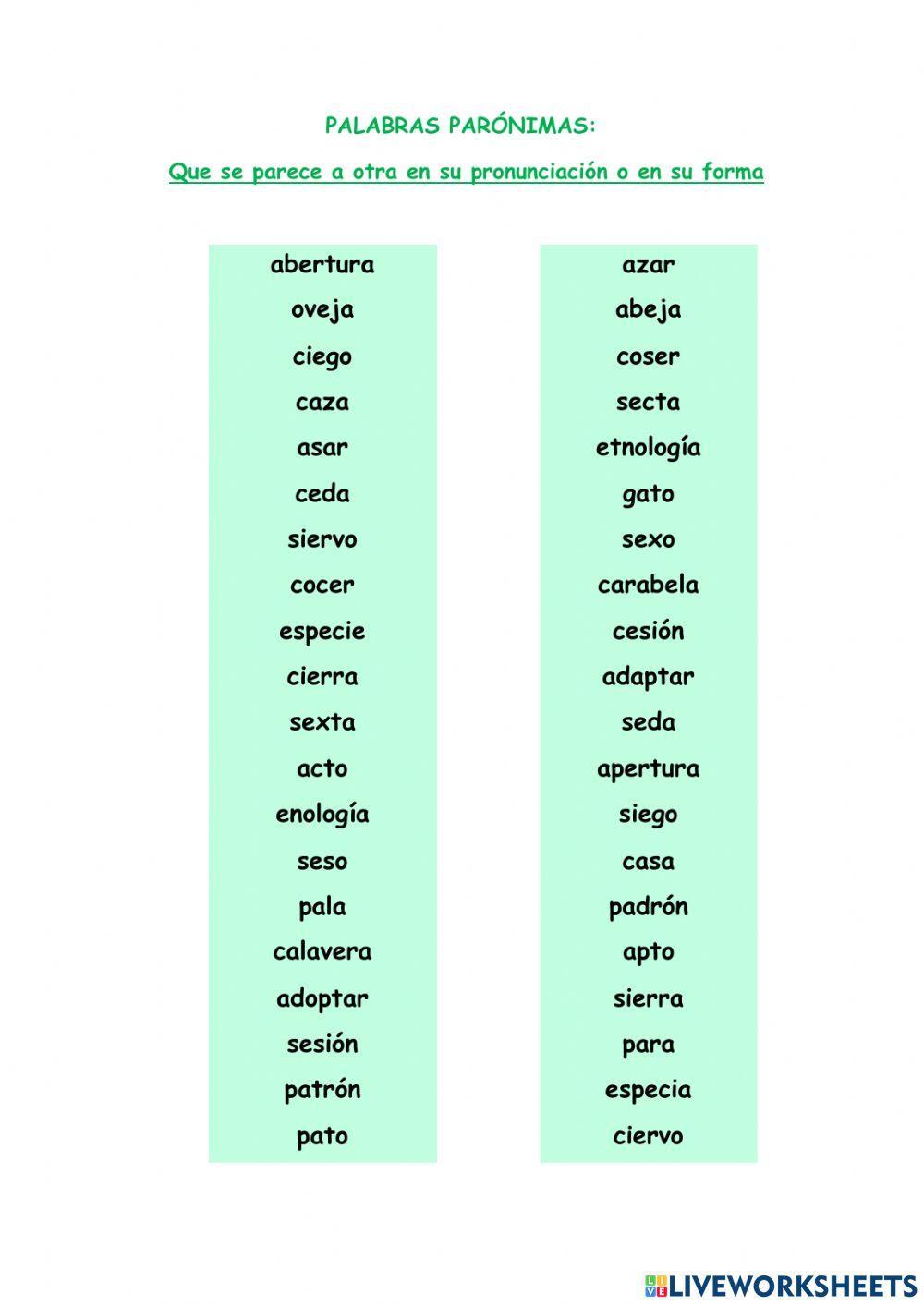 2201041 | Palabras parónimas | aroldanm | LiveWorksheets