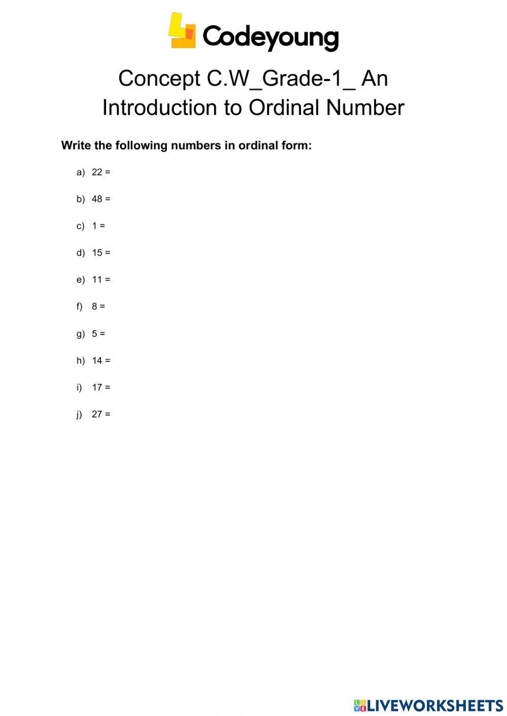Concept C.W-Grade-1- An Introduction to Ordinal Number worksheet | Live ...