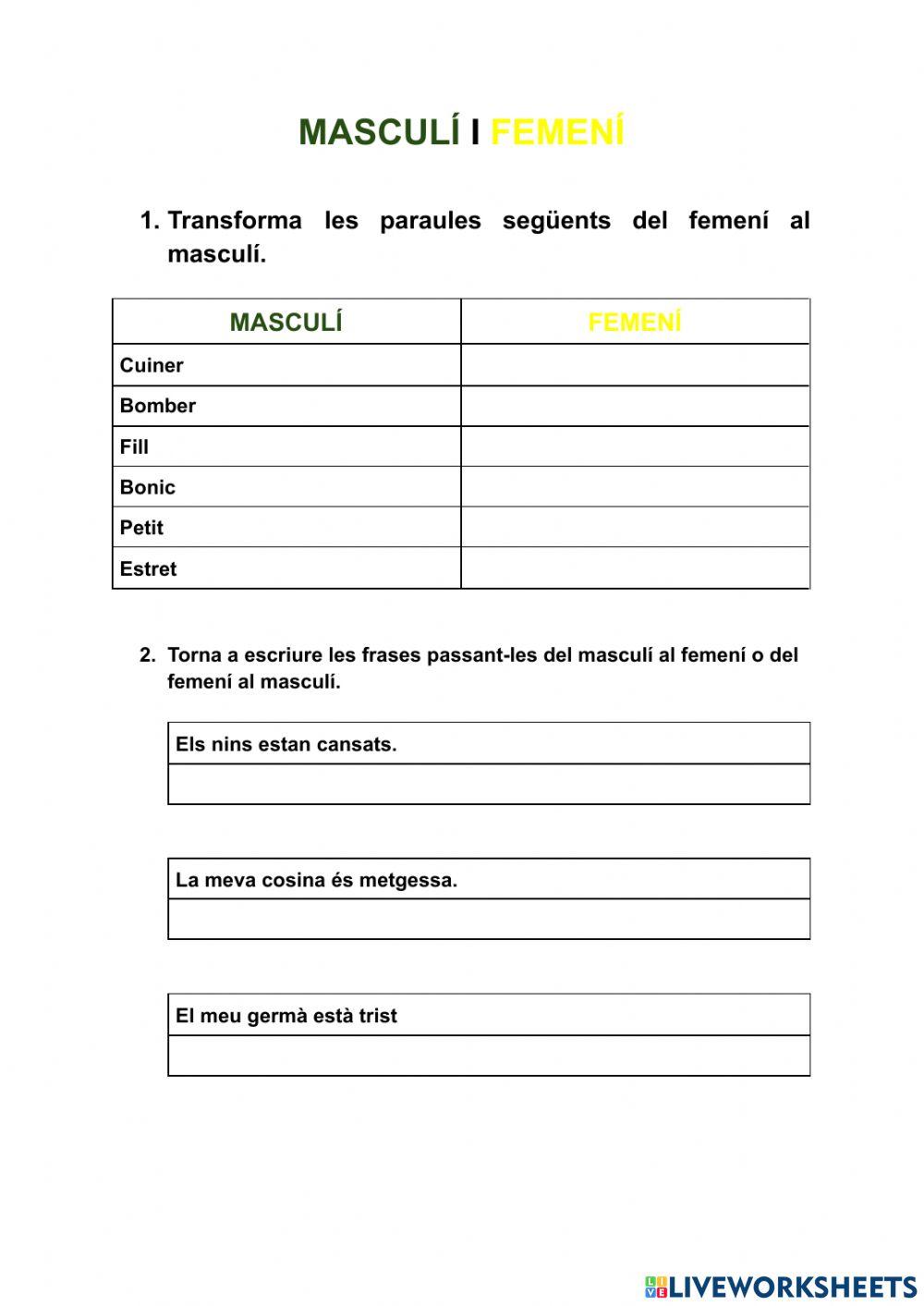 MASCULÍ I FEMENÍ | Free Interactive Worksheets | 2201611