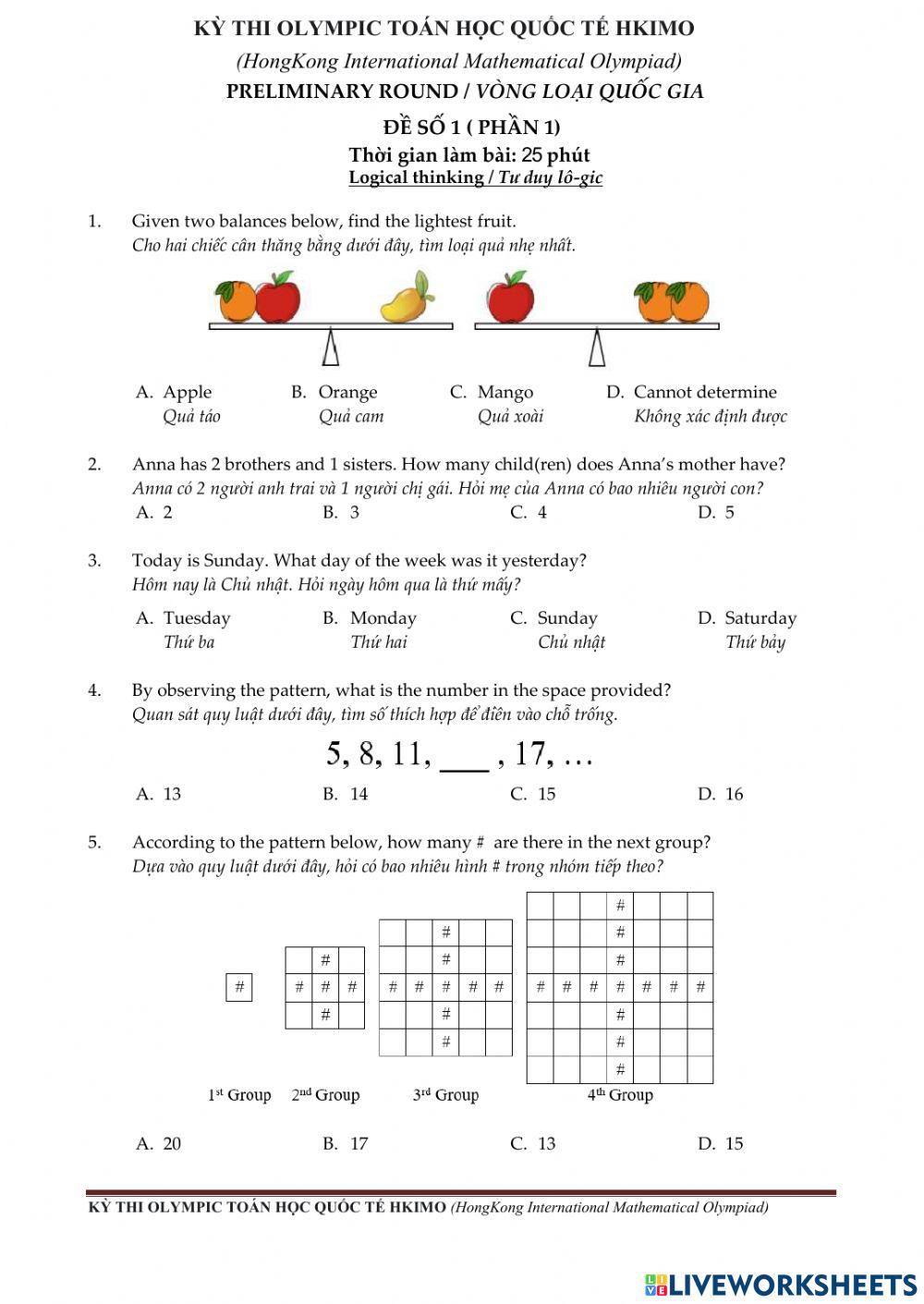 HKIMO.1011(Phần 1) worksheet | Live Worksheets