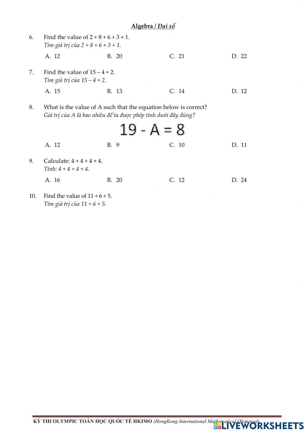 HKIMO.1011(Phần 1) worksheet | Live Worksheets
