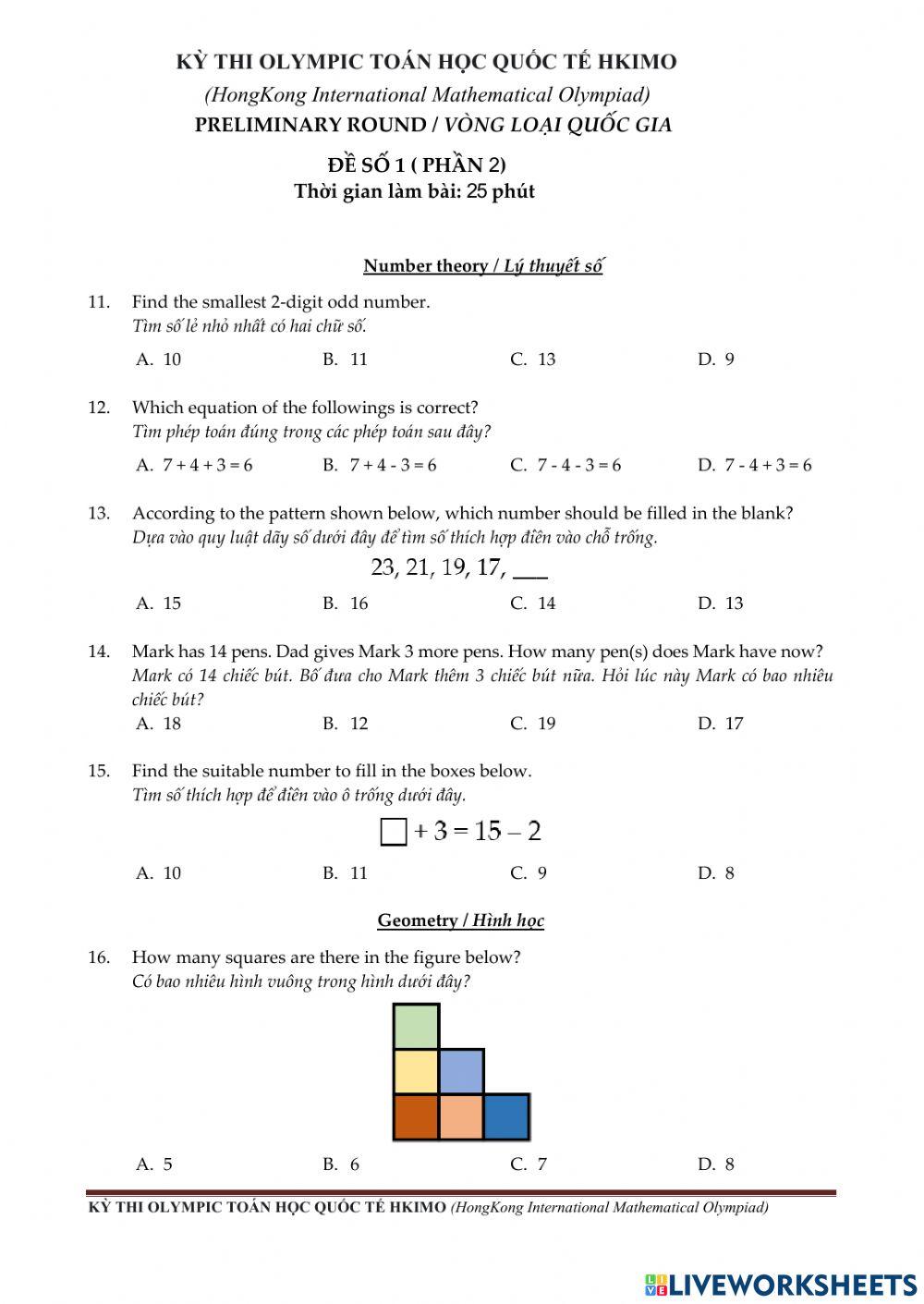 HKIMO.1012(Đề 1. phần 2) worksheet | Live Worksheets