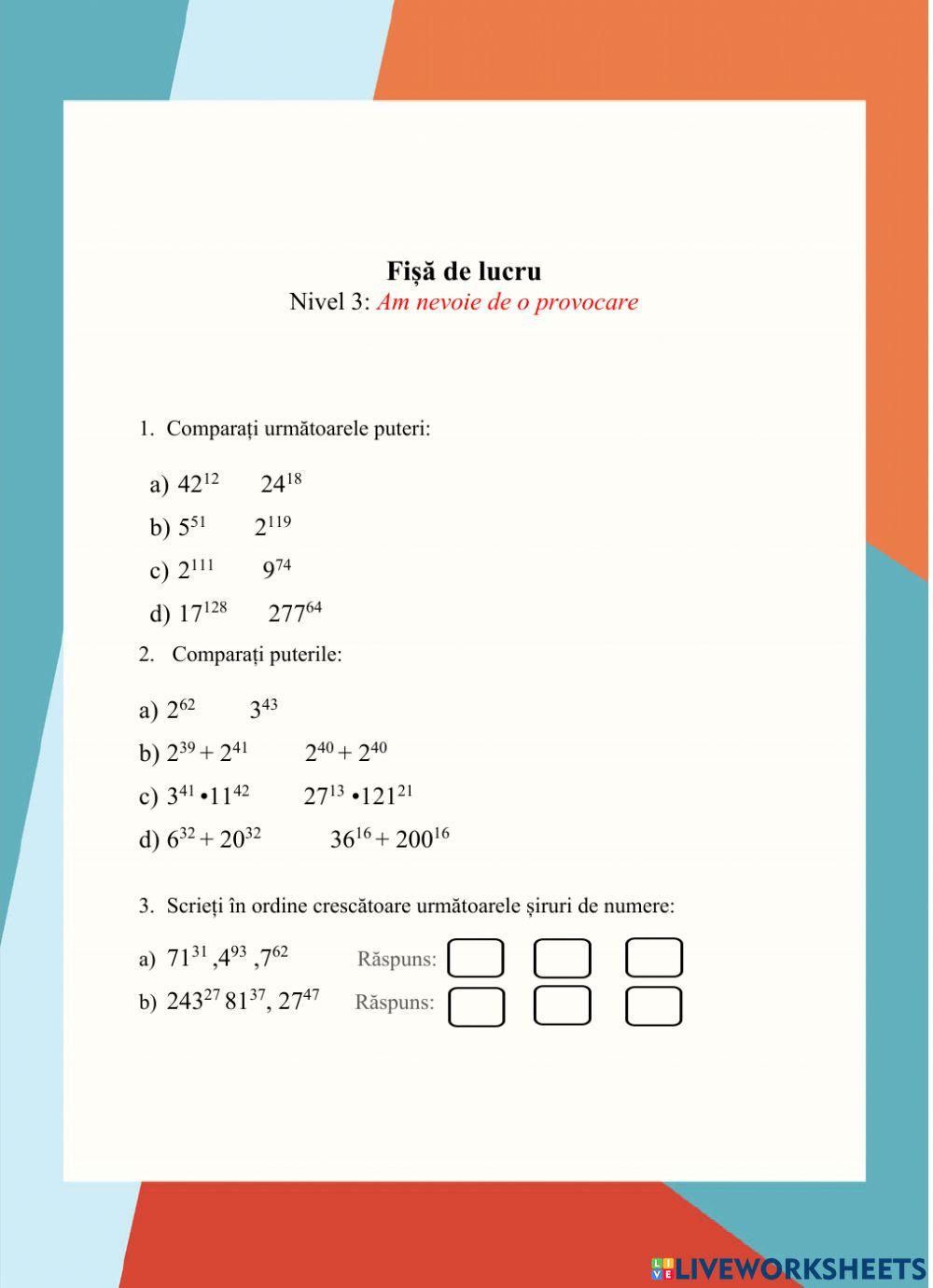 Fișa de lucru - Compararea puterilor - Nivel avansat interactive ...