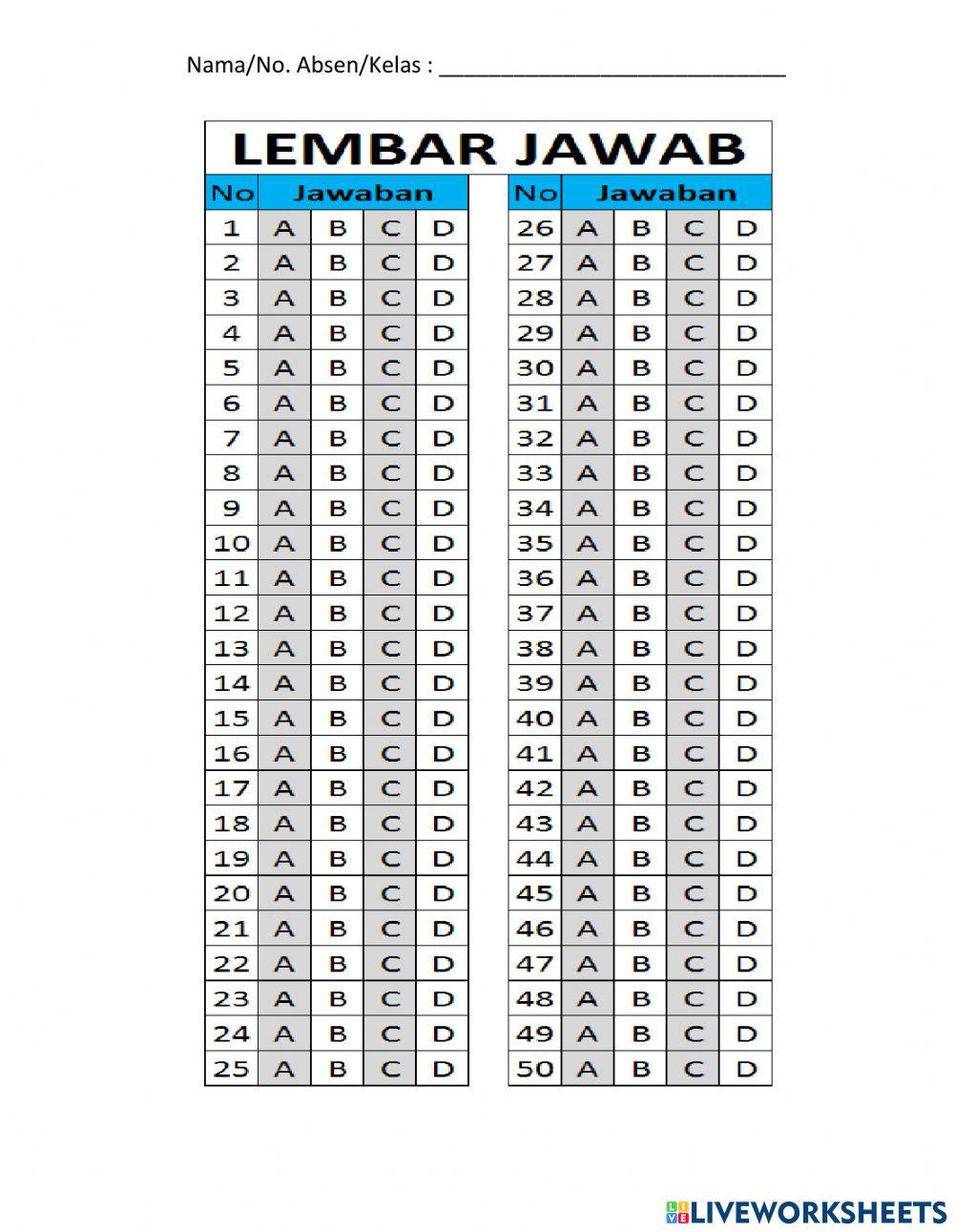 Lembar jawab pilihan ganda worksheet | Live Worksheets