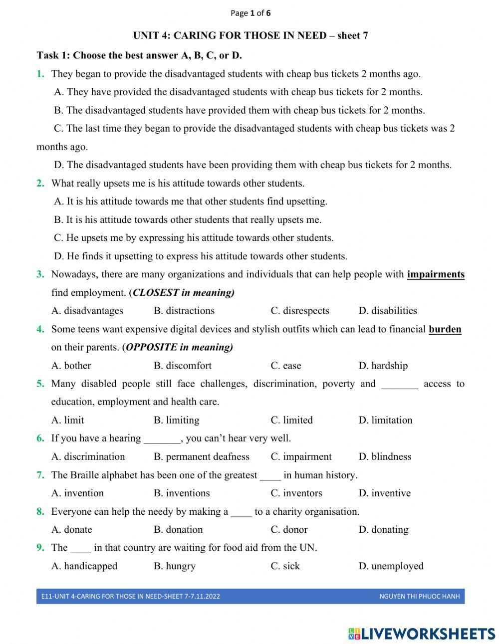 E11-unit 4- caring for those in need-sheet 7 worksheet | Live Worksheets