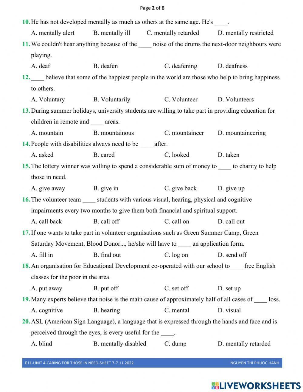 E11-unit 4- caring for those in need-sheet 7 worksheet | Live Worksheets