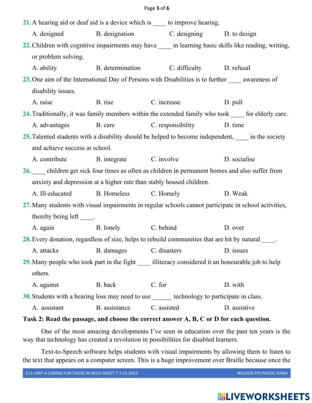 E11-unit 4- caring for those in need-sheet 7 worksheet | Live Worksheets