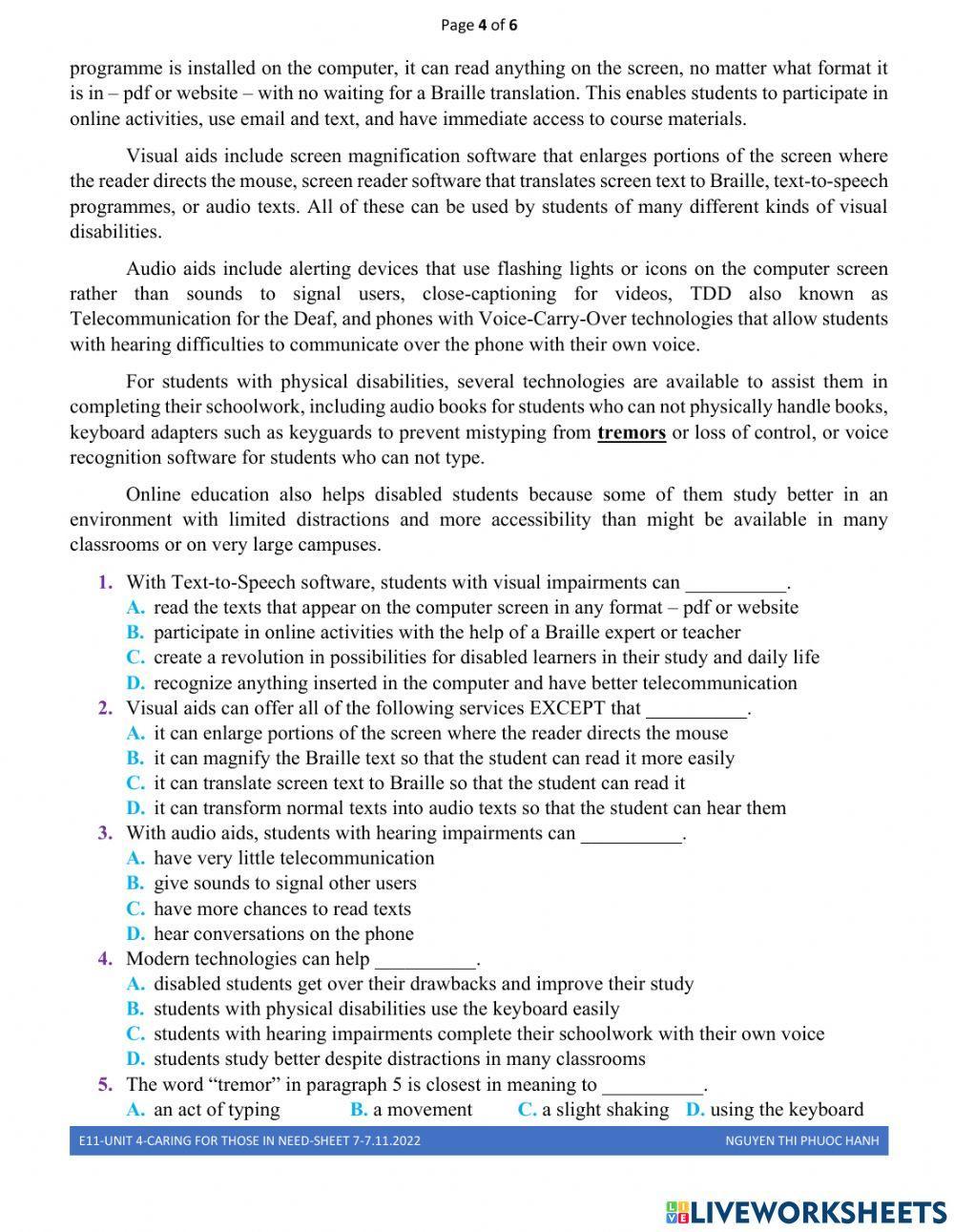 E11-unit 4- caring for those in need-sheet 7 worksheet | Live Worksheets