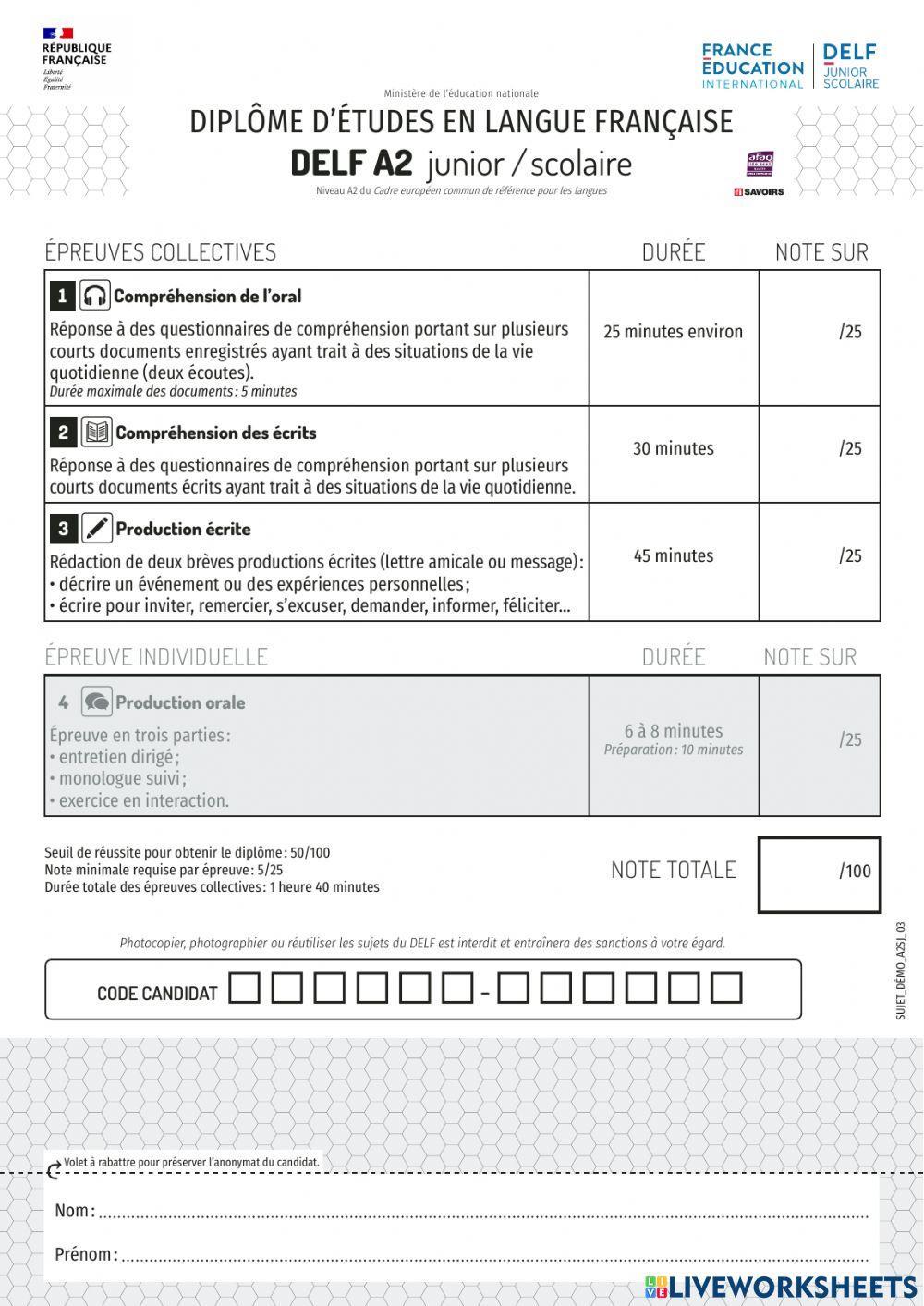 delf a2 junior … | Free Interactive Worksheets | 2203993