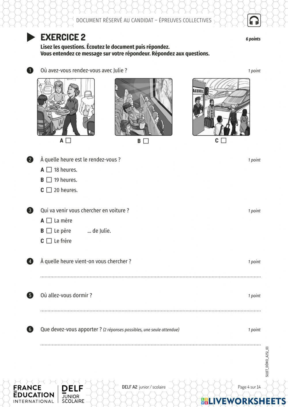 delf a2 junior … | Free Interactive Worksheets | 2203993