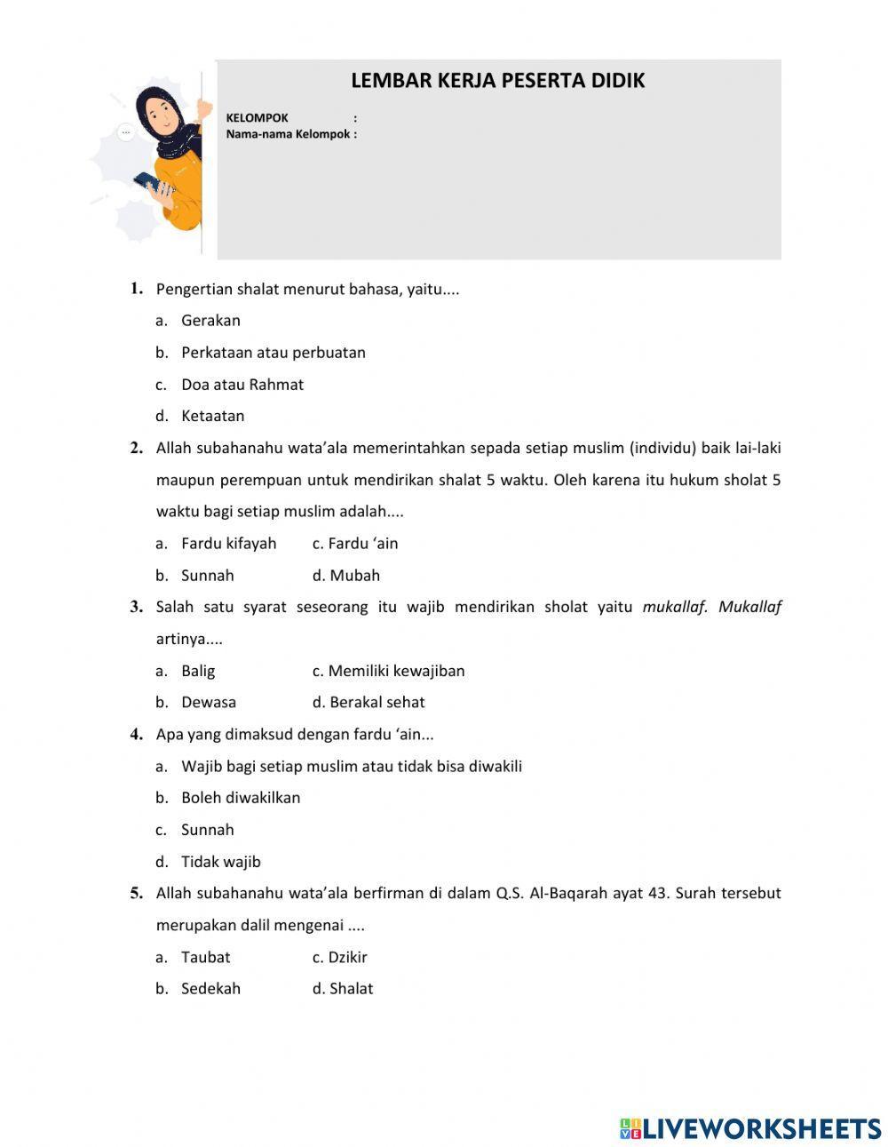 TUGAS KELOMPOK SHALAT DAN ZIKIR online exercise for | Live Worksheets