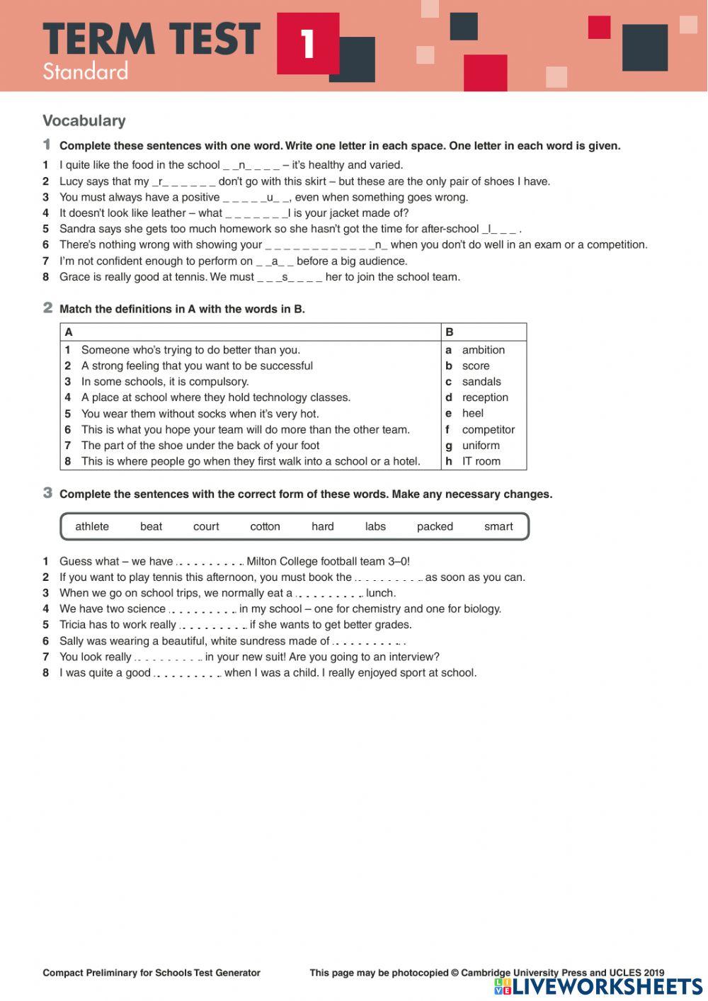 Compact PET Term test 1 online exercise for | Live Worksheets