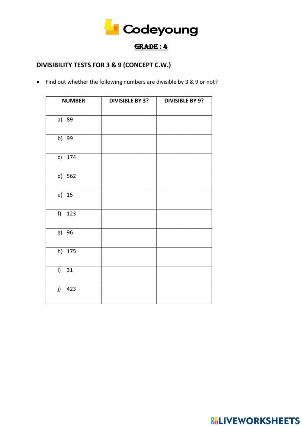 2204740 | Divisibility tests for 3 - 9 (concept c.w.)