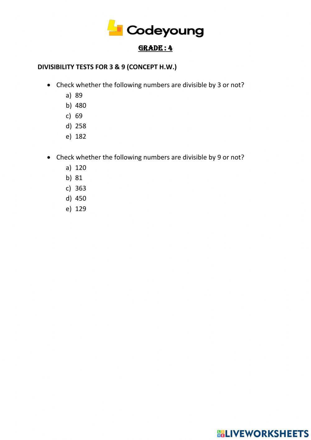 Divisibility tests for 3 - 9 (concept h.w.) worksheet | Live Worksheets