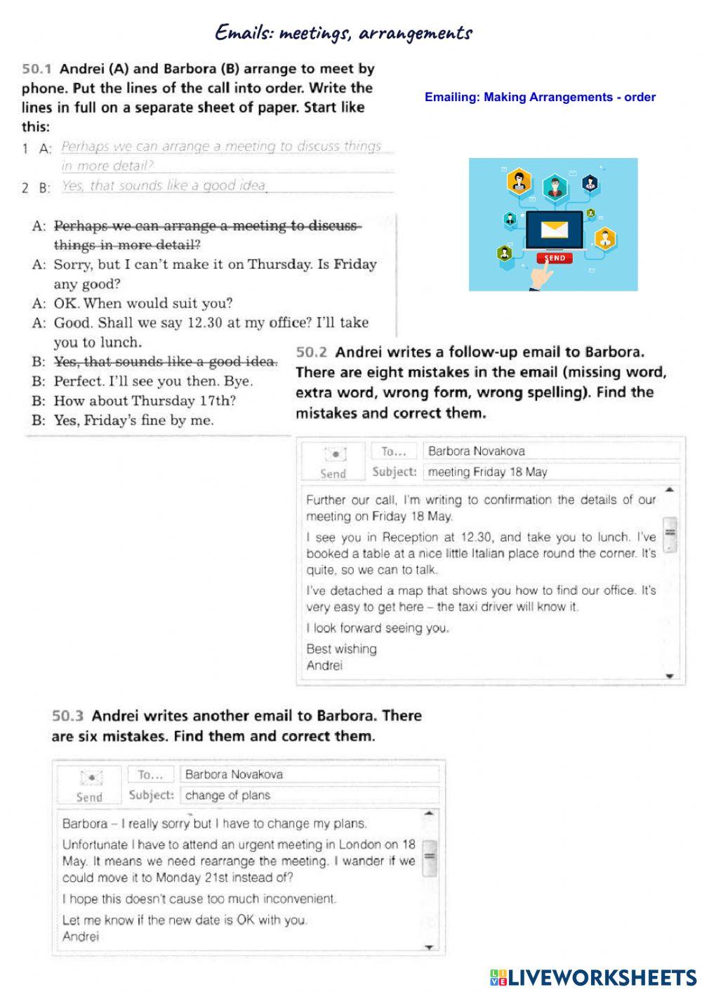 Emails: meetings, arrangements worksheet | Live Worksheets