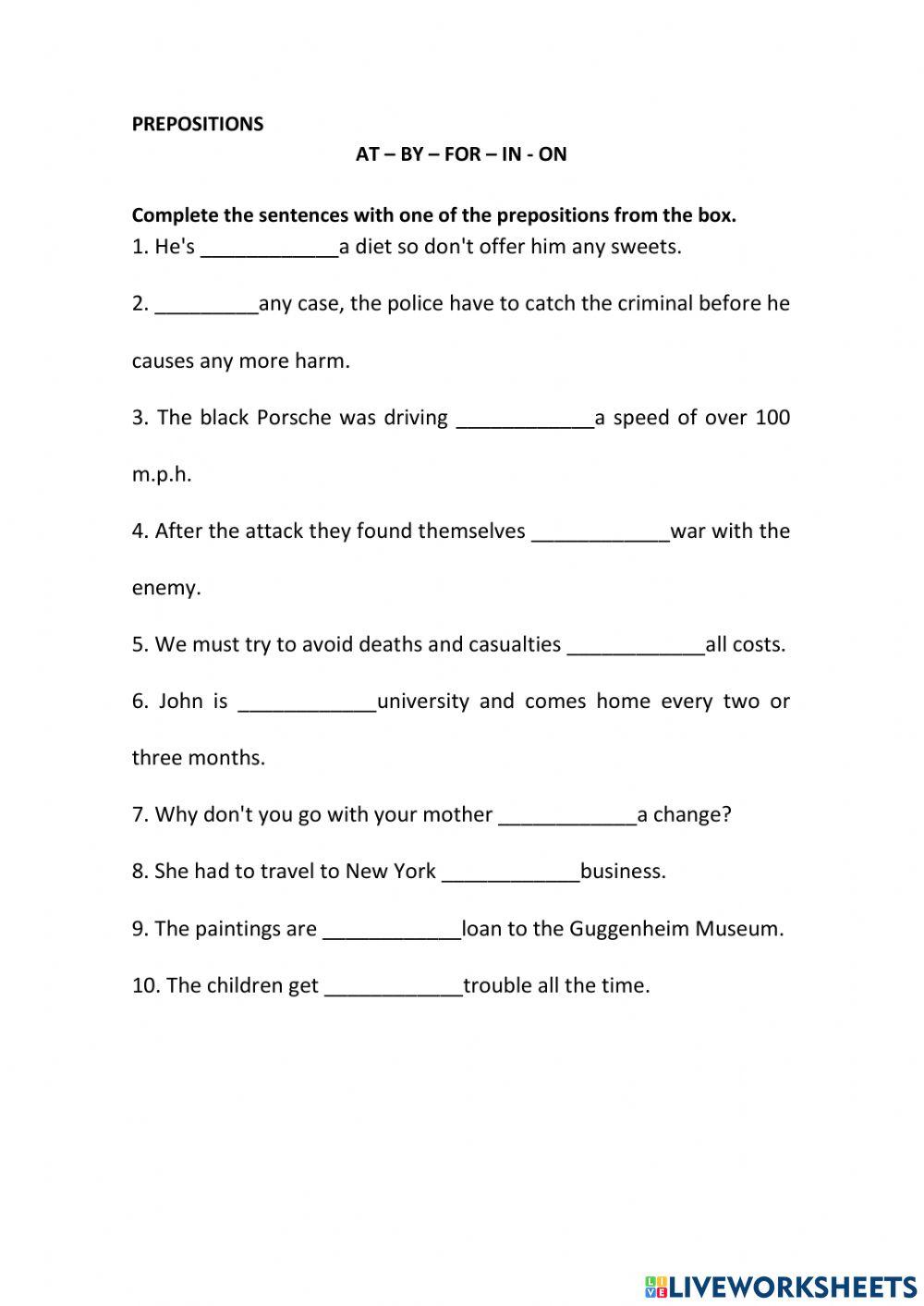 Prepositions online exercise for GRADE 10 | Live Worksheets