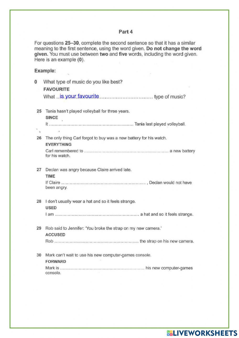 Sentence transformation 2 activity | Live Worksheets