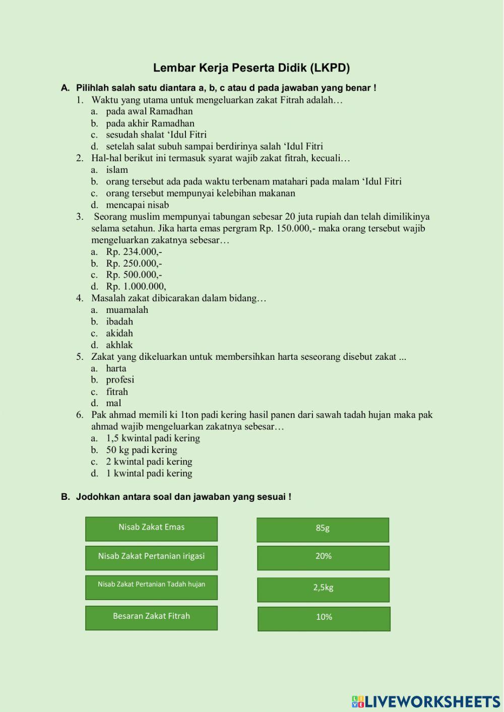Ulangan harian bab 4 zakat worksheet | Live Worksheets