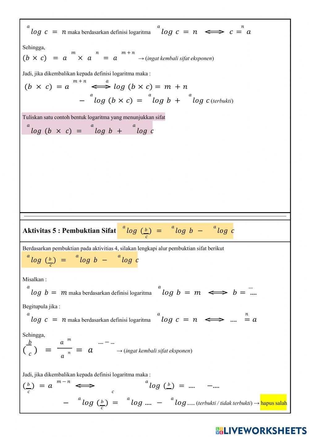 Evaluasi logaritma worksheet | Live Worksheets