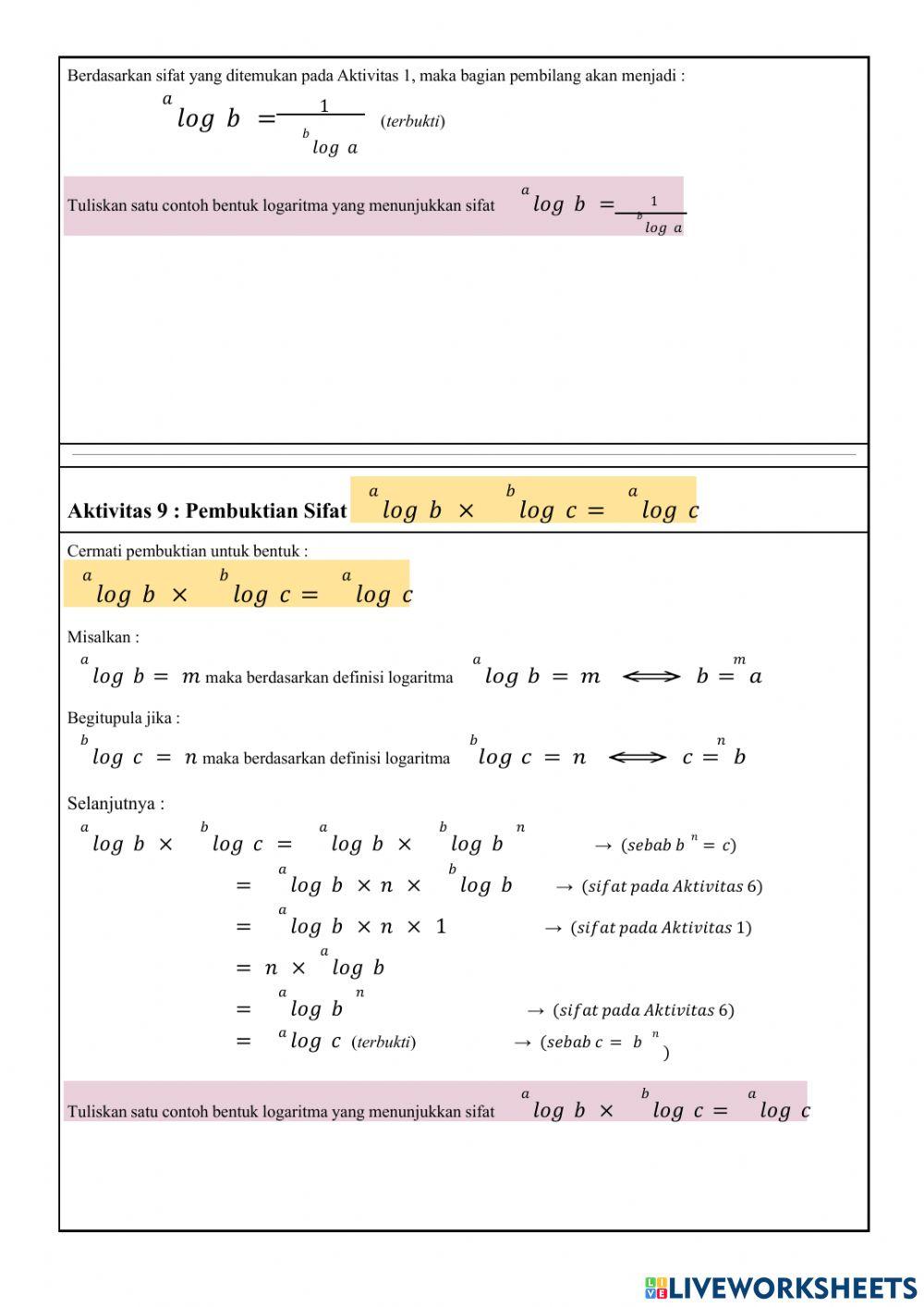 Evaluasi logaritma worksheet | Live Worksheets