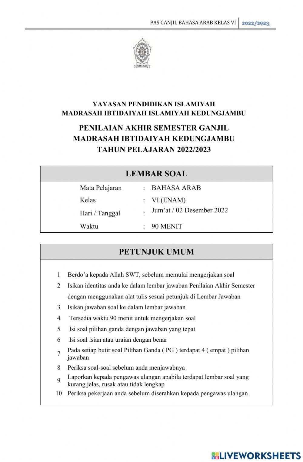 Pas kelas 6 activity for 6 | Live Worksheets