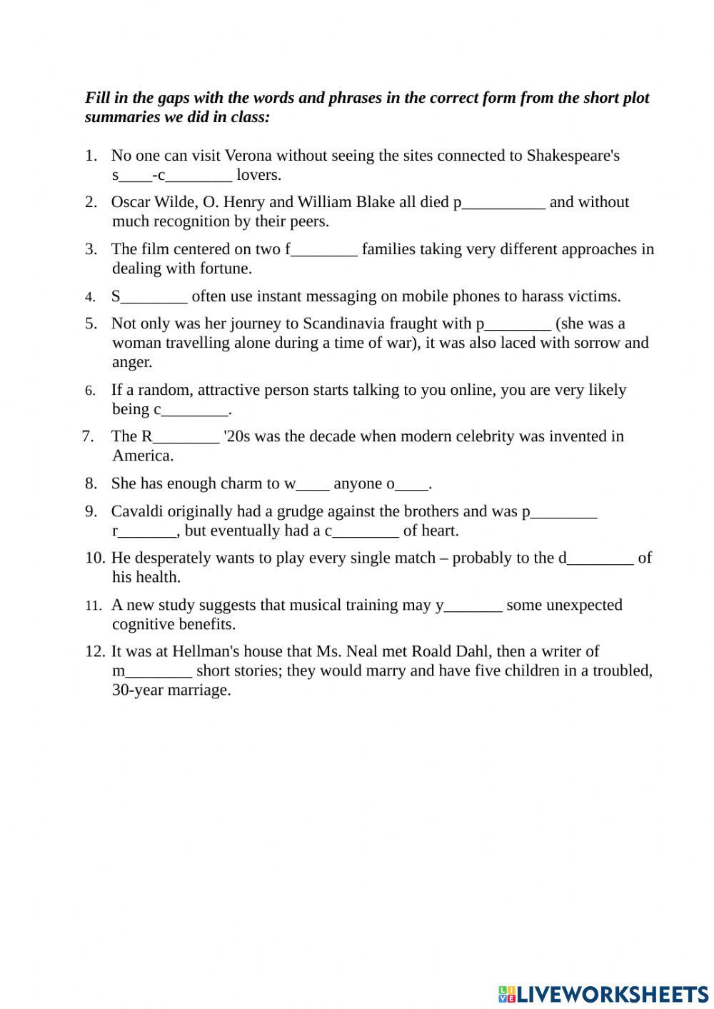 Short Plot Summaries Vocabulary online exercise for | Live Worksheets