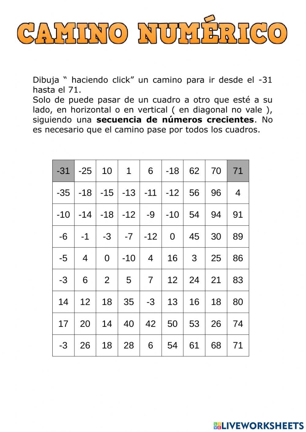Camino numerico worksheet | Live Worksheets