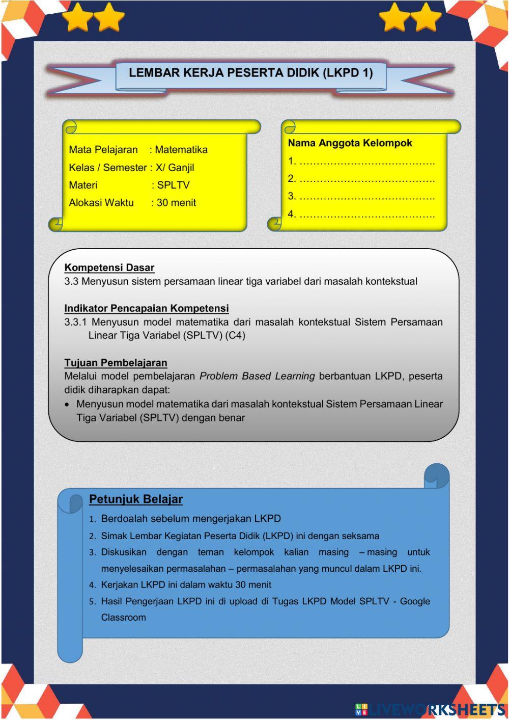 MODEL MATEMATIKA SPLTV online exercise for | Live Worksheets