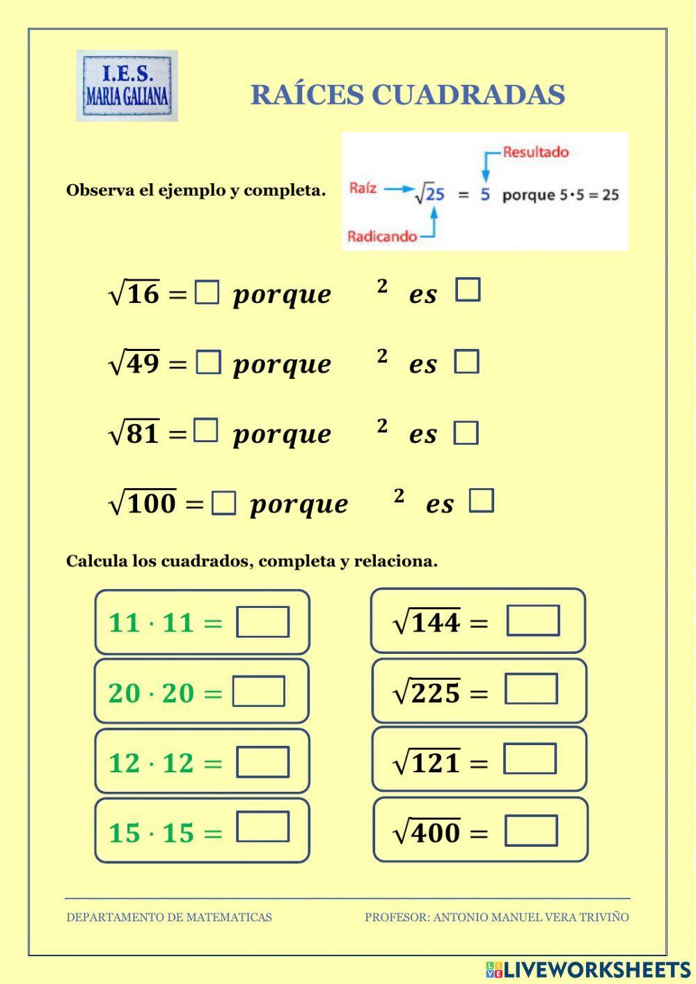 Raíces cuadradas Matemáticas exercise | Live Worksheets